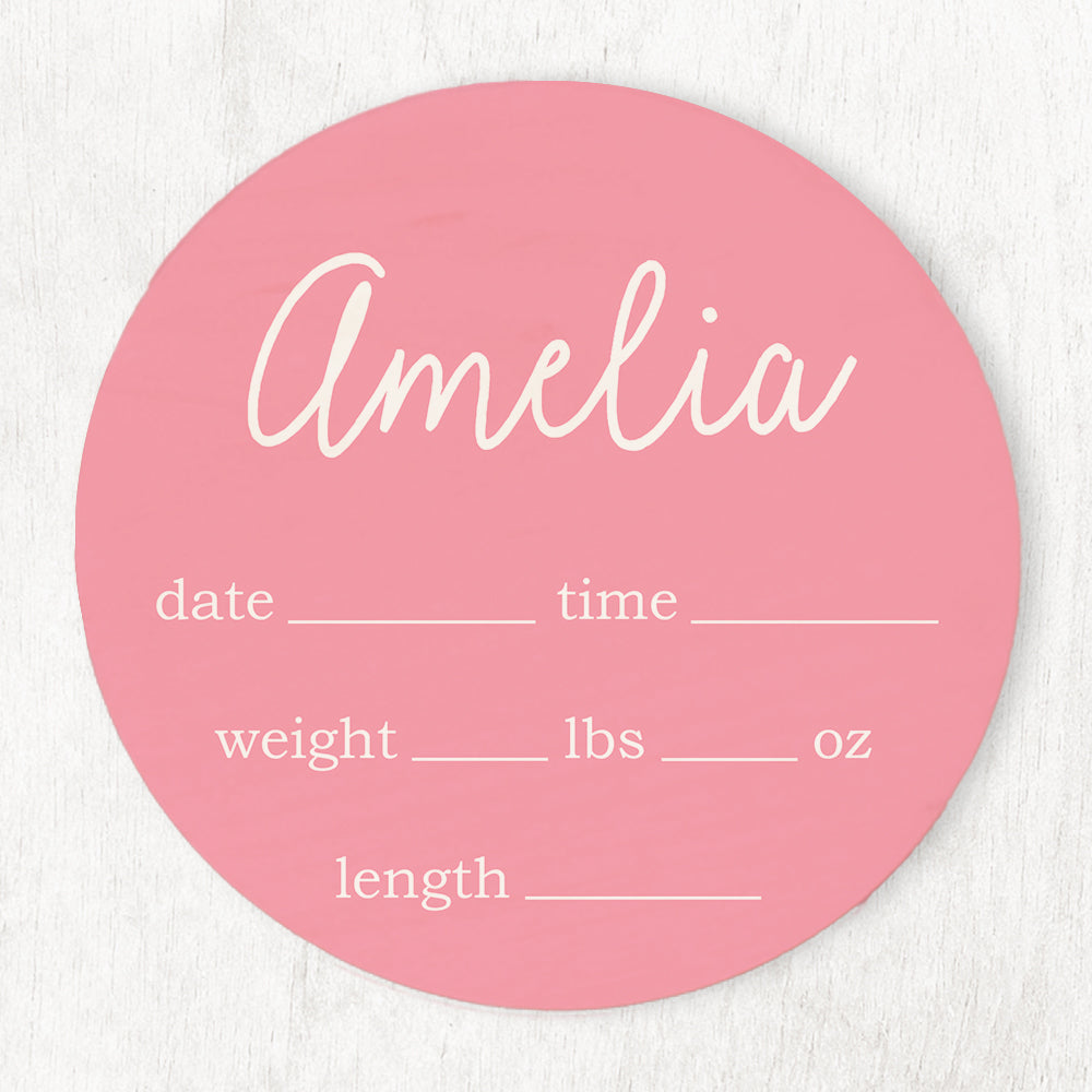 Personalized wooden baby birth announcement sign, Pink – Stork Wares