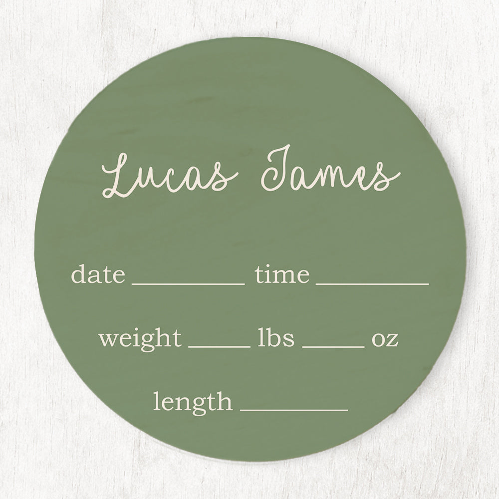 Personalized wooden baby birth announcement sign, Olive Green – Stork Wares